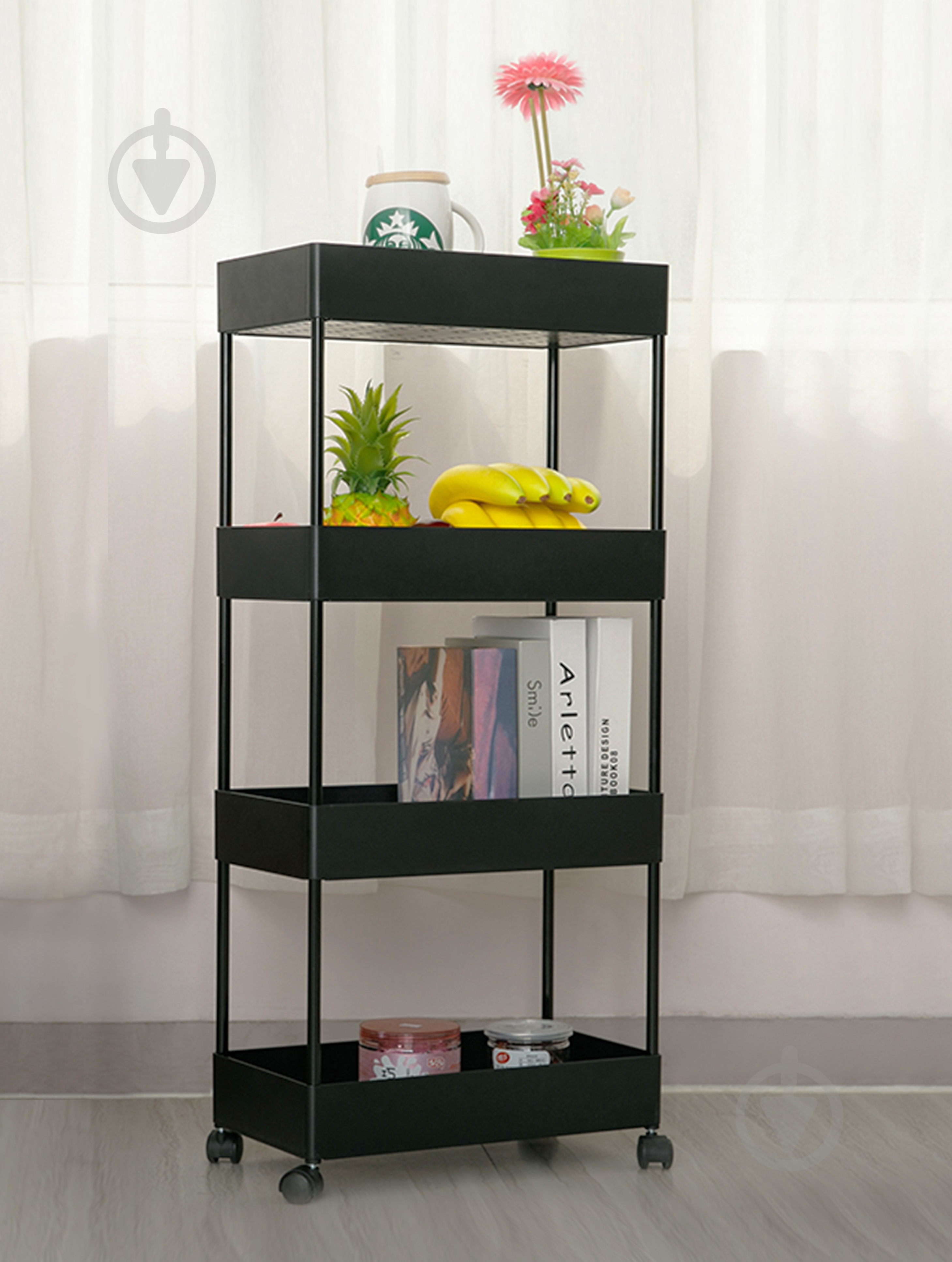 ᐉ Етажерка пластикова Luna Home 4 яруси на колесах 885х220х400 мм чорний • Краща ціна в Києві