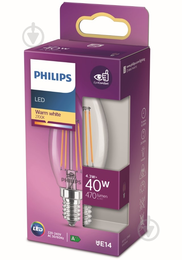 ᐉ Лампа светодиодная Philips B35 4,3 Вт E14 2700 К 220 В прозрачная ...