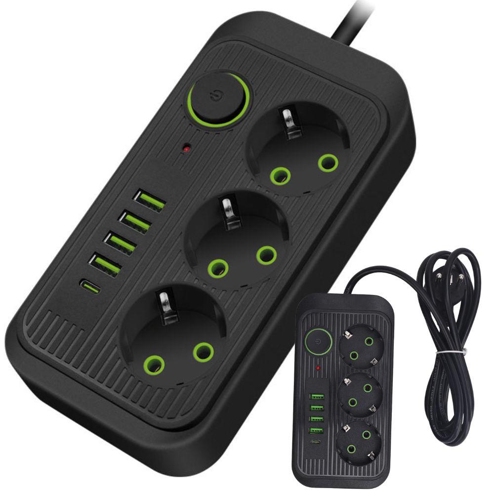 ᐉ Подовжувач живлення 12381 3 розетки 250 В 2 м 4x USB 1x UCB-C ...