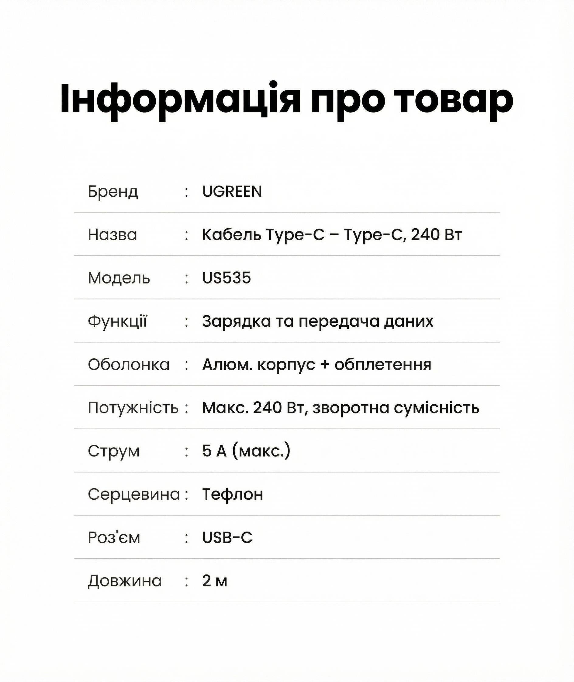 ᐉ Кабель USB-C на USB-C UGREEN US535 240 Вт 2 м Черный (90440) • Купить ...