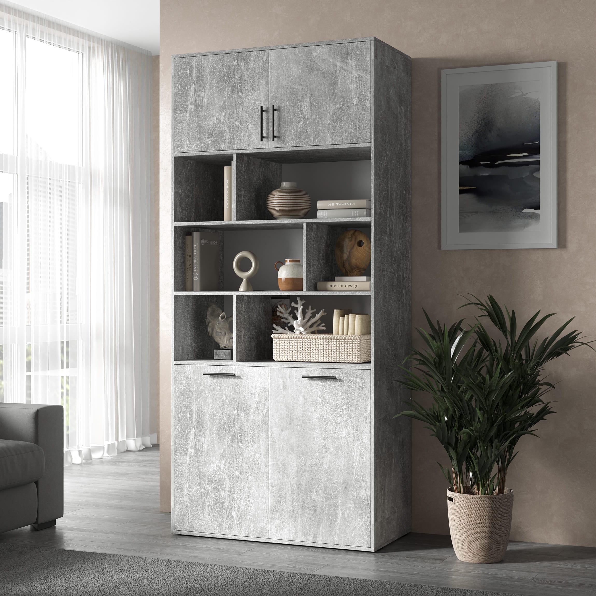 ᐉ Шафа стелаж з дверцятами та відкритими полицями Бетон 380583 • Краща ціна в Києві Україні