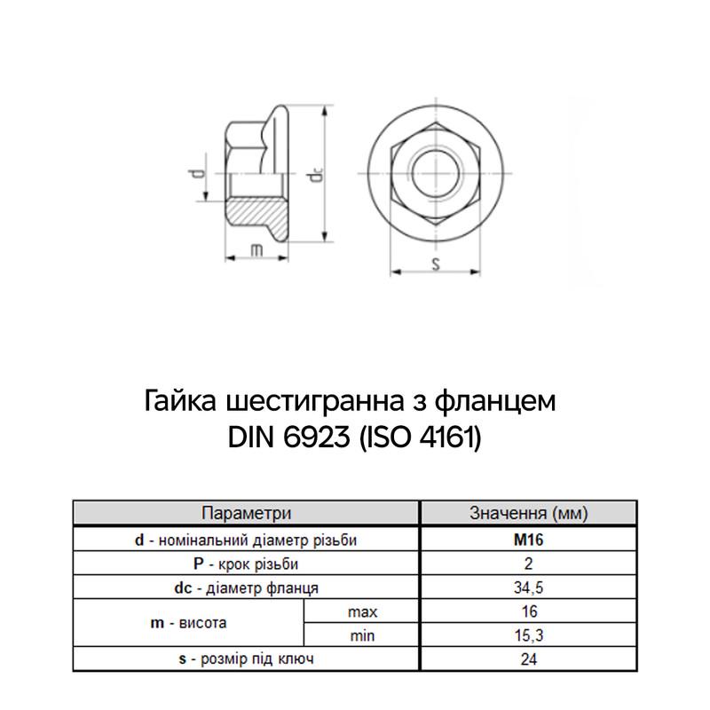 ᐉ Гайка з фланцем Metalvis М16 DIN6923 сталь 10 крок 2 під ключ 24 мм ...