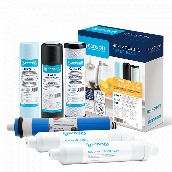 Комплект з 6 картриджів для фільтра зворотного осмосу Ecosoft Absolute з мінералізатором • Краща