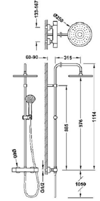 ᐉ Душова система зовнішнього монтажу Tres Base Plus з термостатом Ø 250 ...