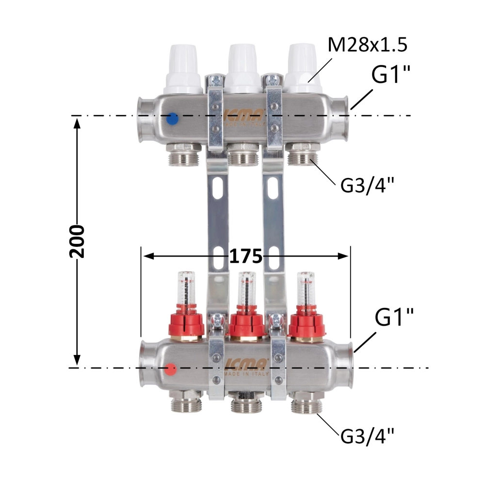 ᐉ Коллектор ICMA №К073 из нержавеющей стали распределительный с расходомером 1" 3 выхода ...