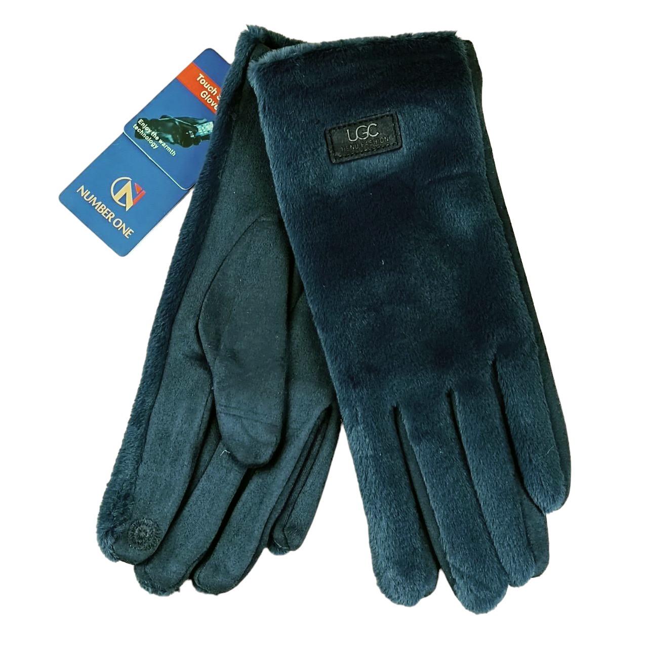 ᐉ Перчатки женские сенсорные мех/велюр с нашивкой S-M Темно-синий ...