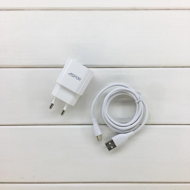 Мережевий зарядний пристрій Aspor A818 Plus 2.4A iQ USB кабель Type-C Білий (925031) • Краща ...