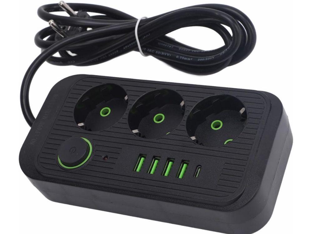 ᐉ Подовжувач живлення 12381 3 розетки 250 В 2 м 4x USB 1x UCB-C ...