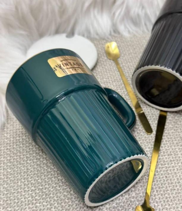 ᐉ Чашка керамічна Вінтажна з кришкою і ложкою 350 мл Зелений 21 зел O8030 234 • Краща ціна в