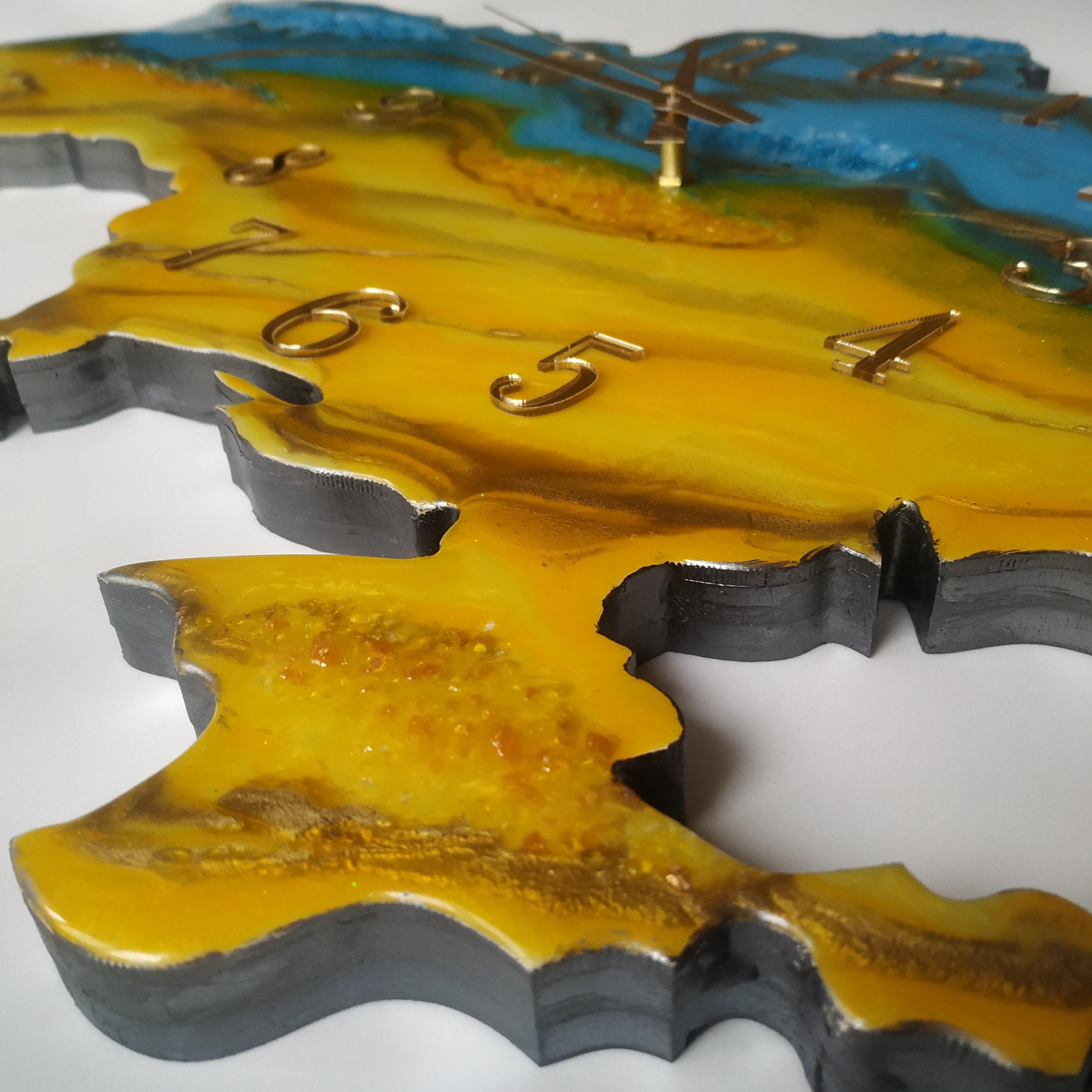 ᐉ Годинник настінний Карта України з епоксидної смоли ручної роботи 60х38 см ЧЕС00000007