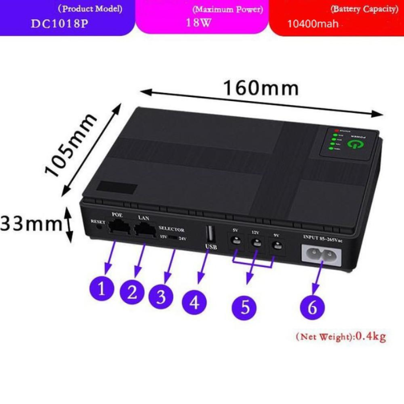 ᐉ Повербанк UPS для роутера DC1036P 10400 mAh DC 5V/9V/12V Чорний ...