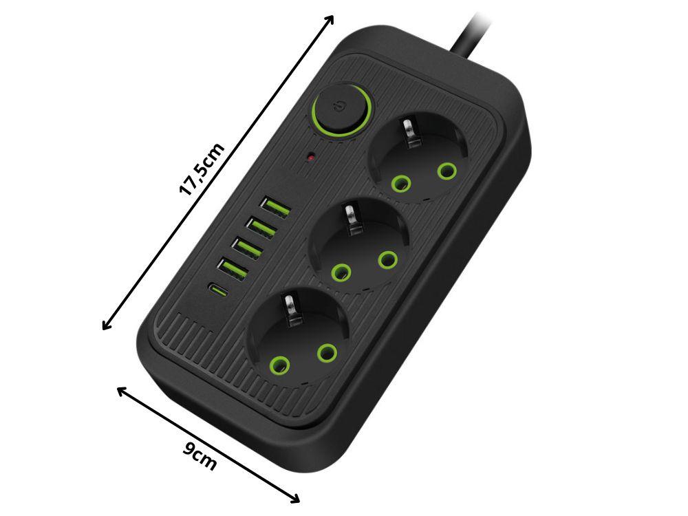 ᐉ Подовжувач живлення 12381 3 розетки 250 В 2 м 4x USB 1x UCB-C ...