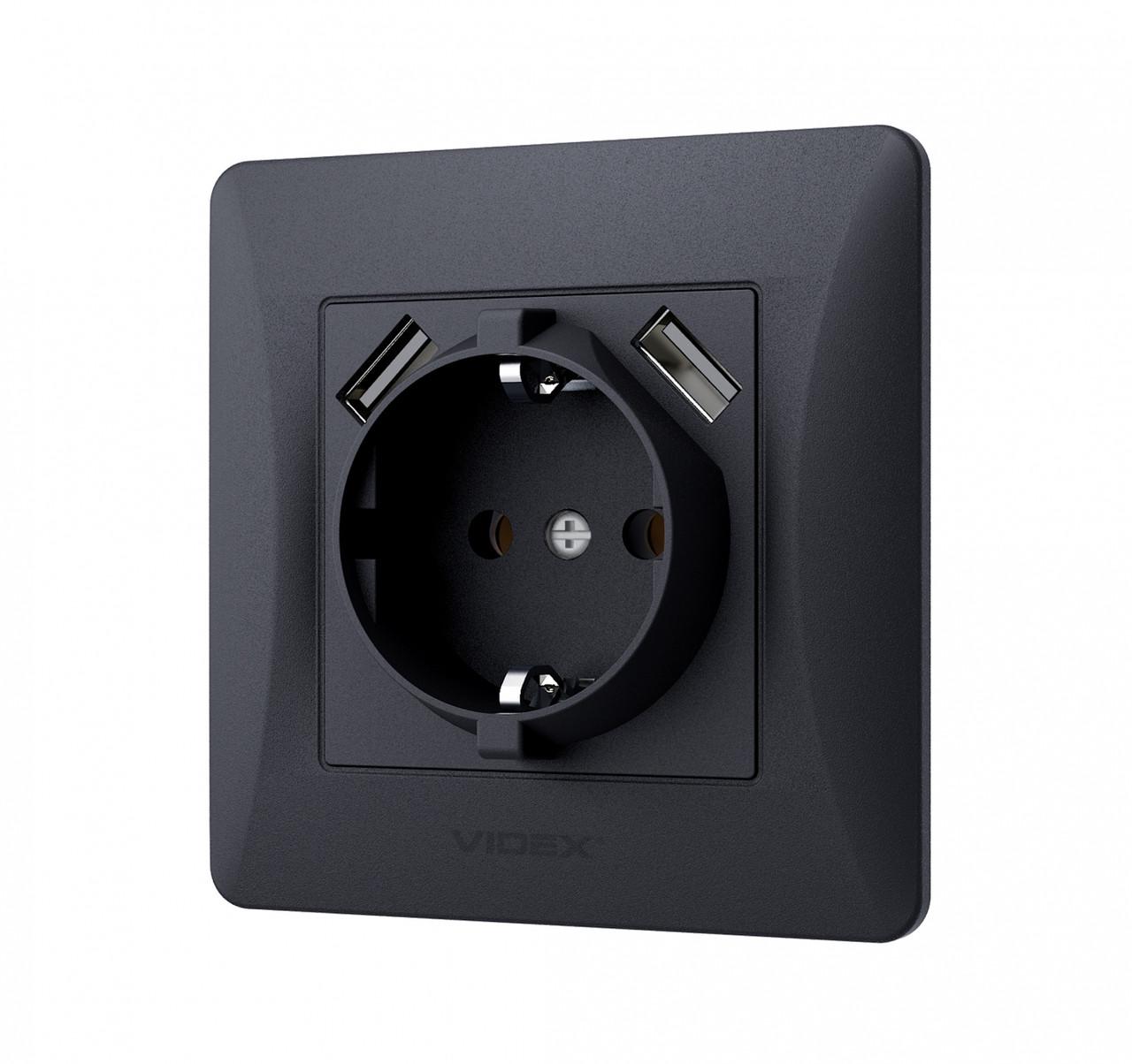 ᐉ Розетка Videx Binera одинарна із заземленням та двома Usb Чорний графіт • Краща ціна в Києві