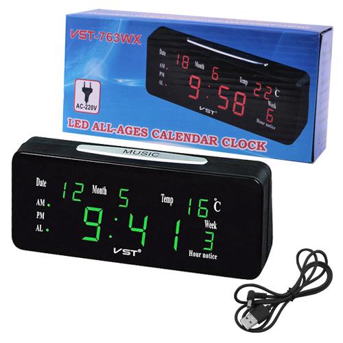 ᐉ Годинник електронний з будильником Vst 763 Wx 4 Usb Чорний з салатовим підсвічуванням • Краща