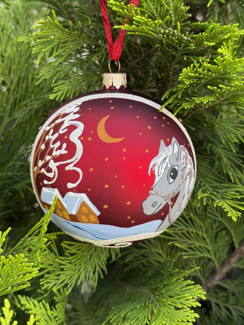 ᐉ Шар стеклянный новогодний с лошадкой и зимним пейзажем ручная роспись ...