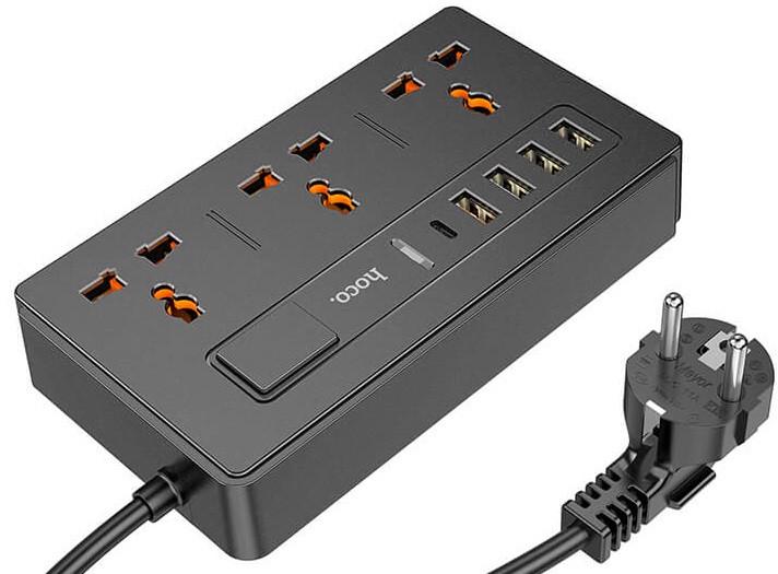ᐉ Подовжувач мережевий Hoco DC15 3 розетки/4xUSB QC 2 м Black • Краща ...