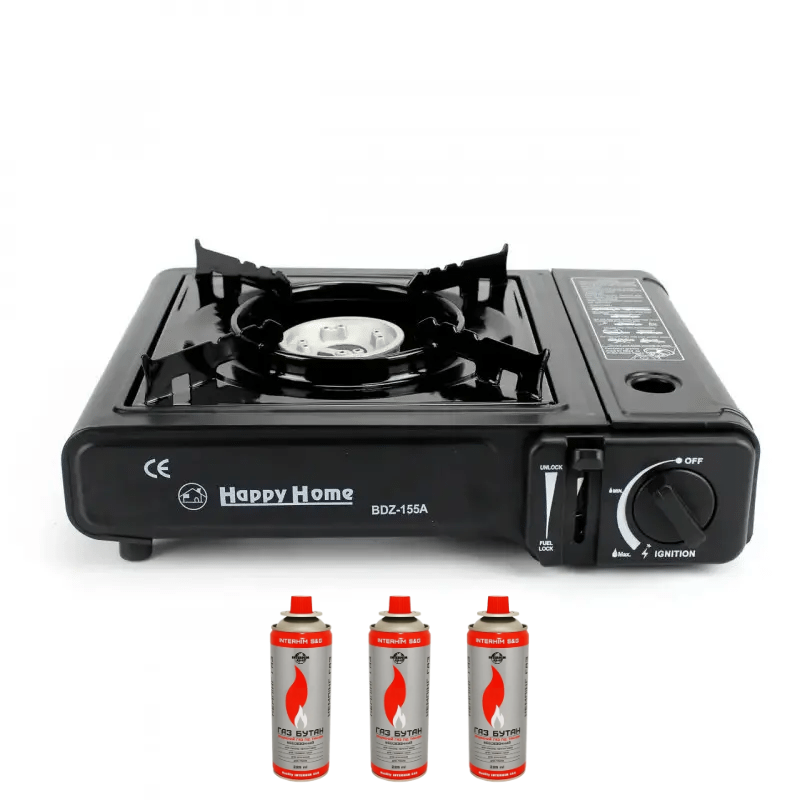 ᐉ Газовий пальник туристичний Happy home BDZ-155A з п'єзопідпалом та кейсом з 3 балонами ...